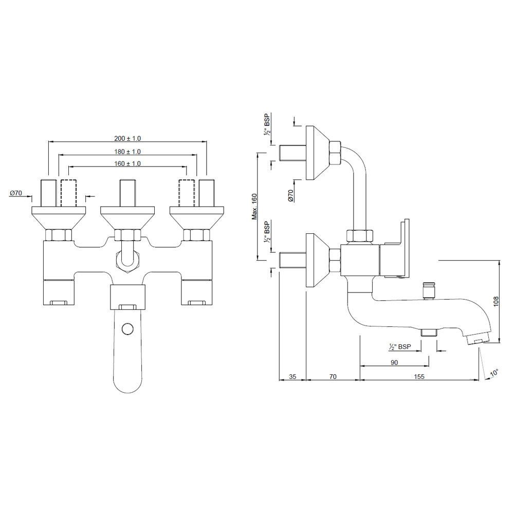Fusion Wall Mixer with Spout & for Overhead+Hand Shower