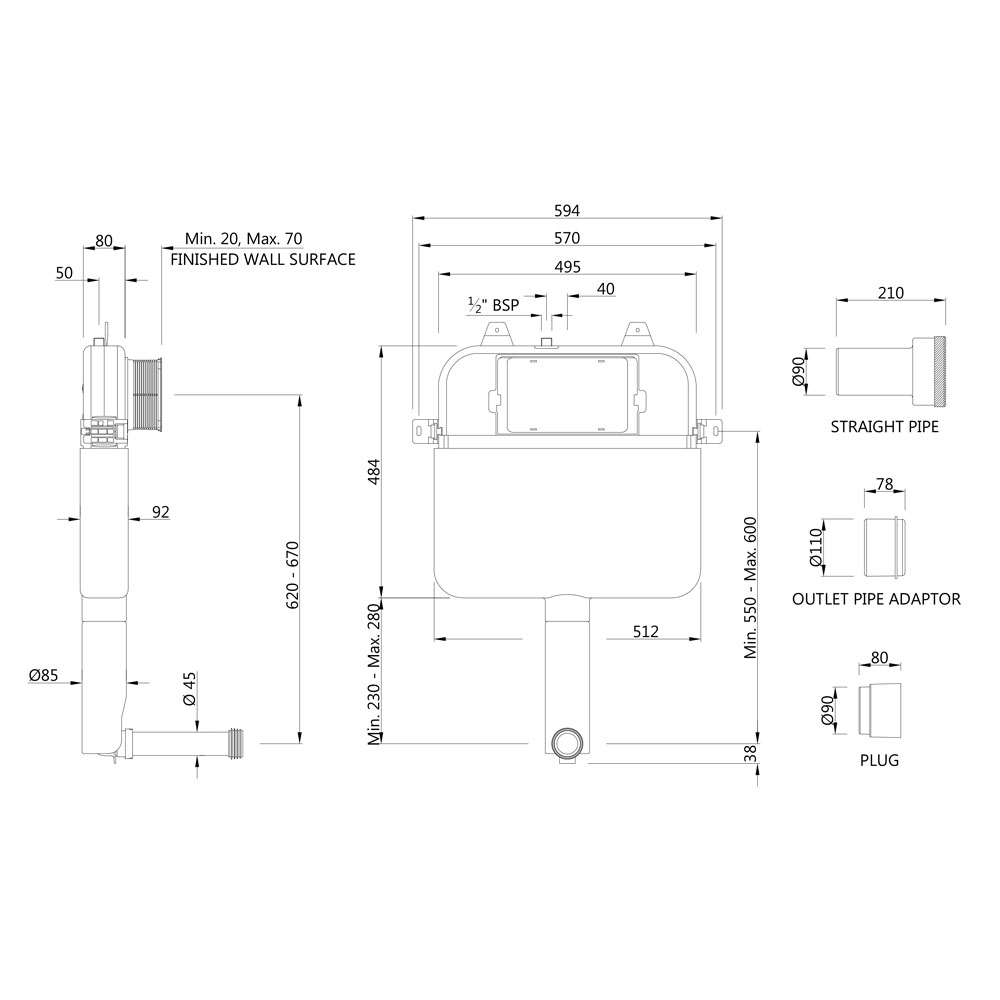 P Type Drain Slim Concealed Cistern - Toilet Tank