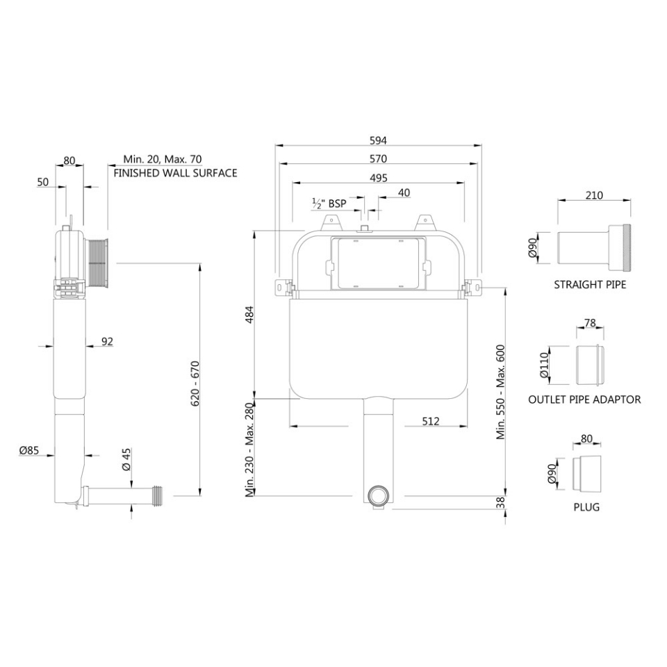 P Type Drain Slim Concealed Cistern - Toilet Tank