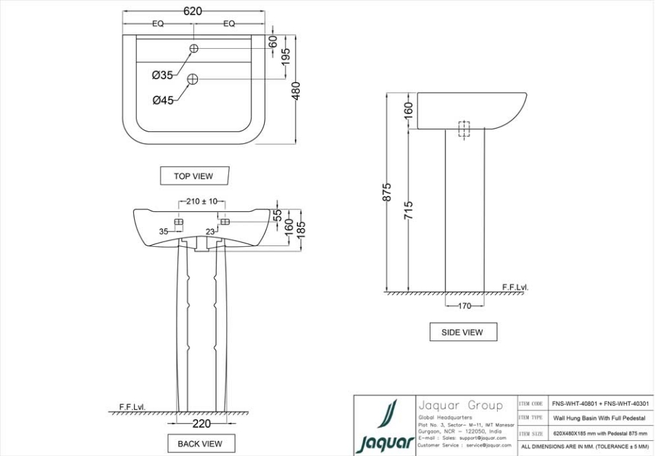 Fonte Wall-Hung Toilet Wash Basin with Full Pedestal