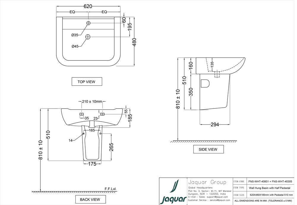 Fonte Wall-Hung Toilet Wash Basin with Half Pedestal