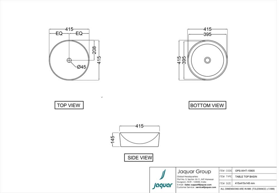 Opal by Jaquar Thin Rim Table Top Basin in Round Shape