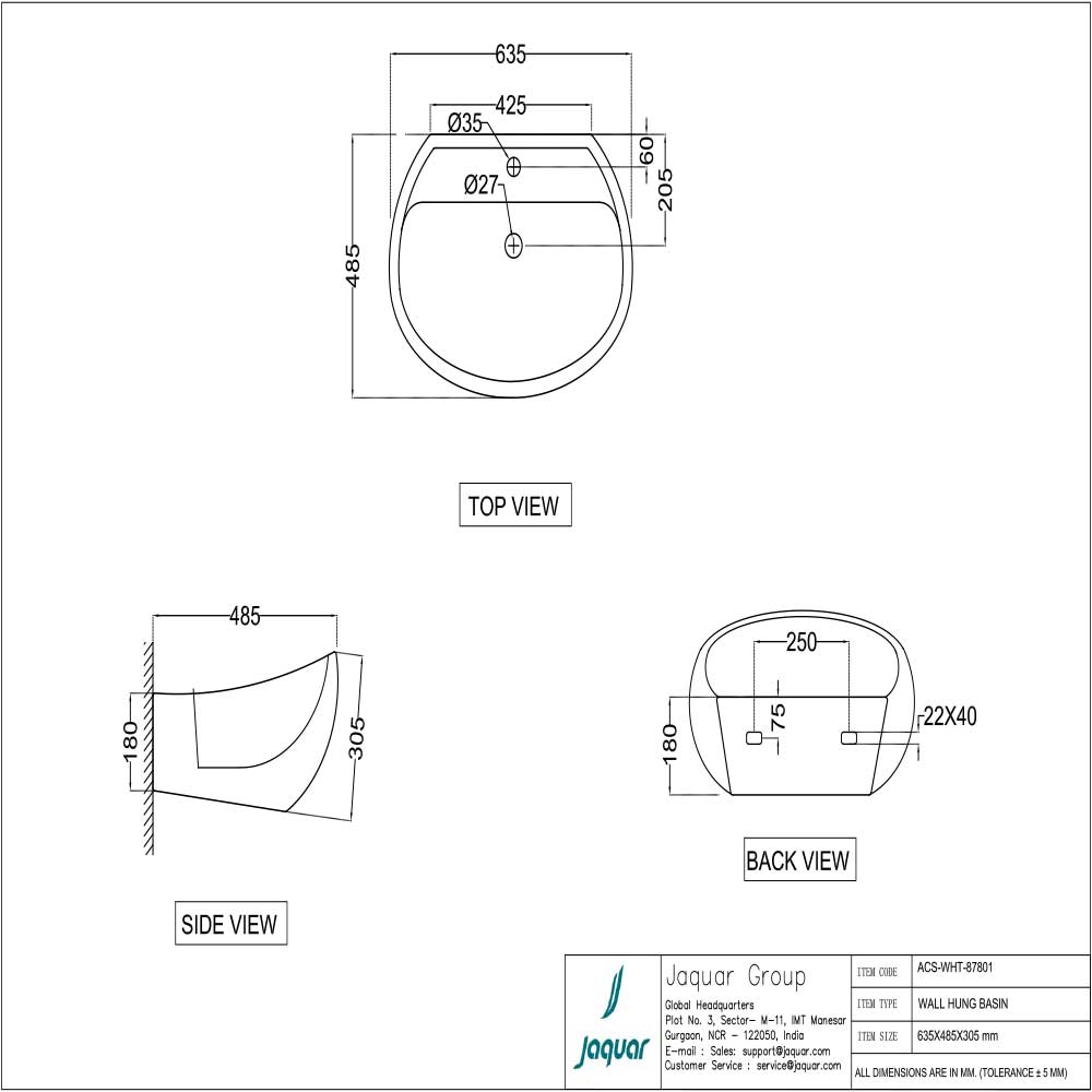 Arc White Wall Hung/Wall Mounted Basin with faucet hole